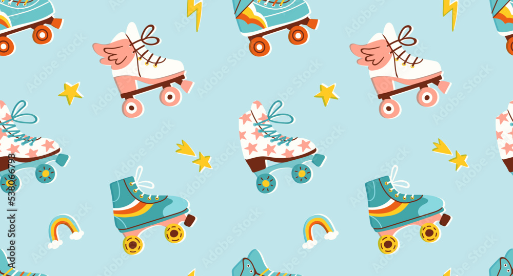 Retro roller skates seamless pattern. Vector illustration of 70s or 80s ...