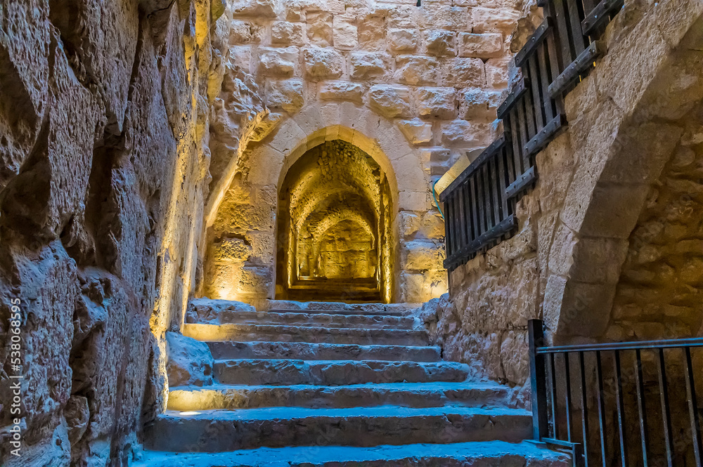 A view up steps in a corridor inside the restored Ajloun Castle, Jordan ...