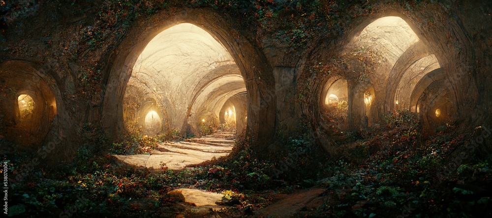 Massive Illuminated Tunnels and Tiny Humans - Fantasy Landscape - Digital Art, 3D Render ...