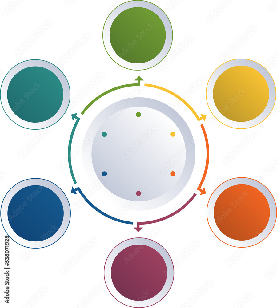 Pie chart from colored circles and arrows, infographics for six ...