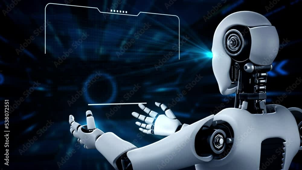 AI hominoid robot holding virtual hologram screen showing concept of AI ...