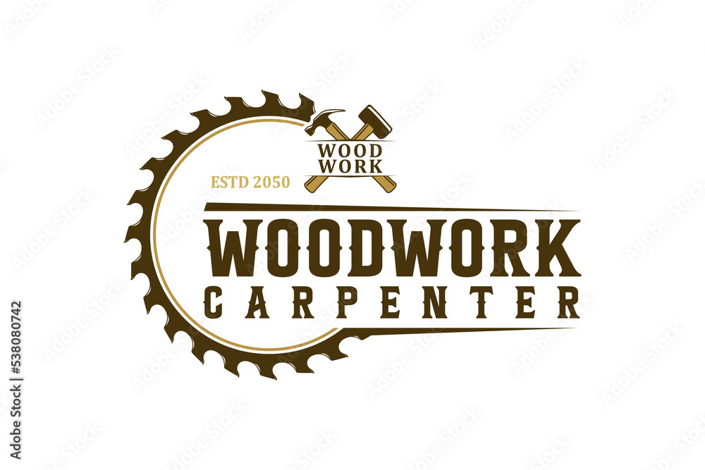 Carpenter hammer logo circular saw plane wood vintage badge ...
