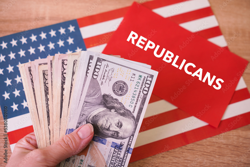 american flag, money and symbol of ballot, Democrats or Republicans ...