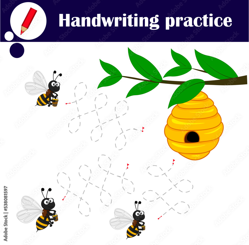 Tracing lines for kids with bees and hive. The loop. Handwriting ...
