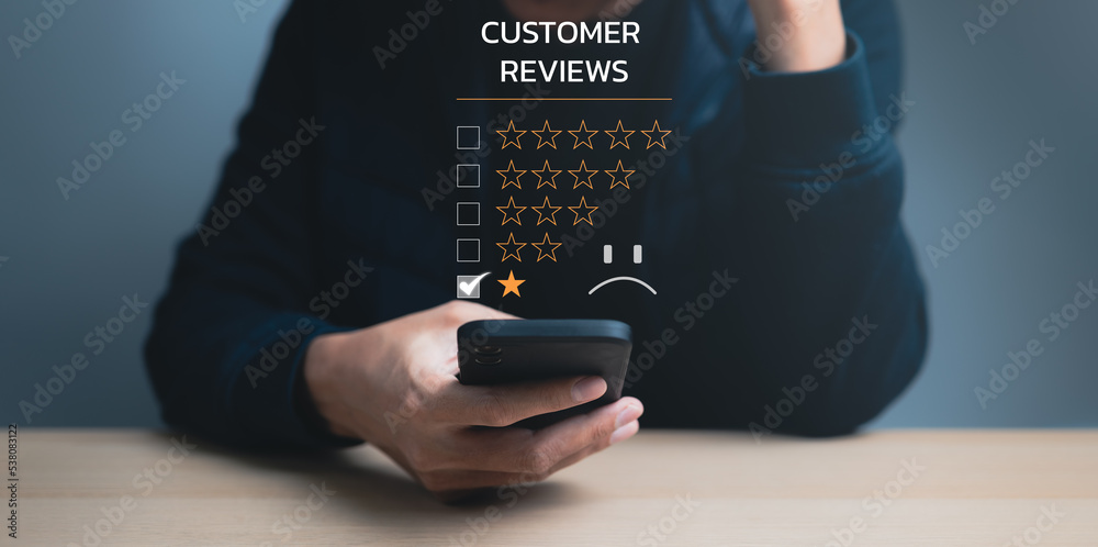 Consumer service, unhappy Client with Sad Emotion Face on a smartphone ...