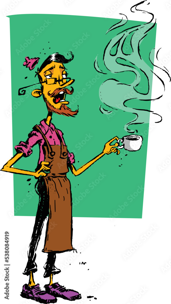 Funny cartoon sketch of a boy or man barista holding cup of hot coffee ...