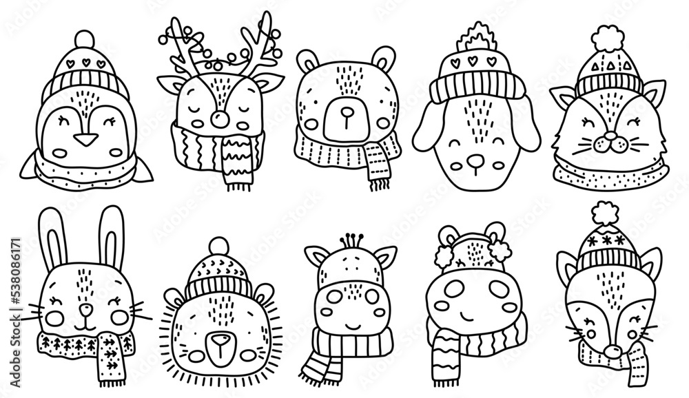 Baby line animals set, winter animals collection, cute line animals ...