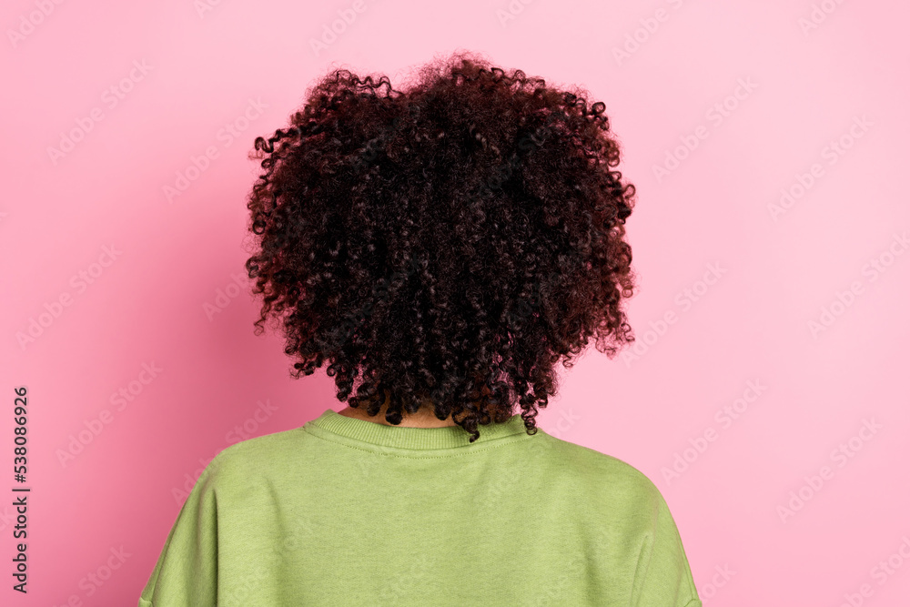Rear back behind view portrait of attractive wavy-haired girl modern ...