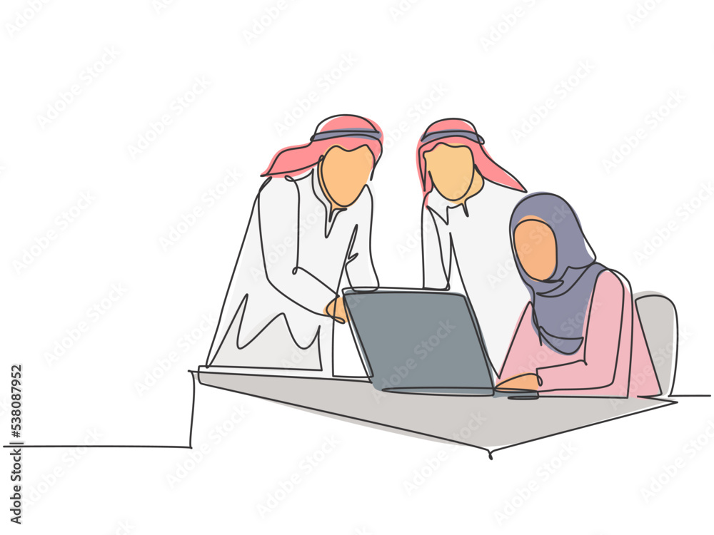 One single line drawing of young happy muslim workers discussing sales ...