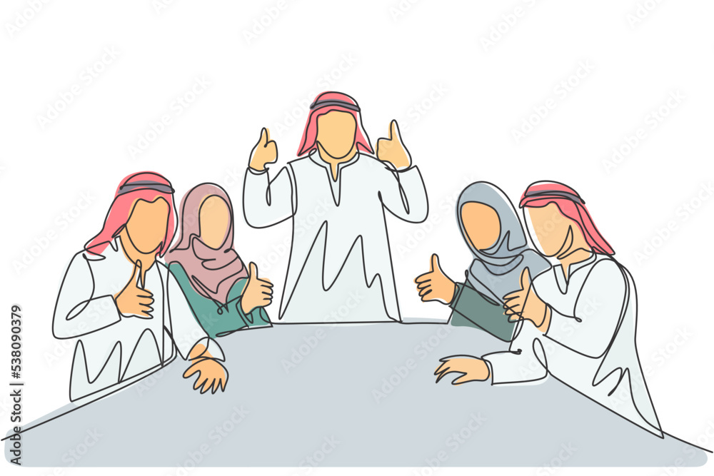One single line drawing of young happy muslim businessman and his ...