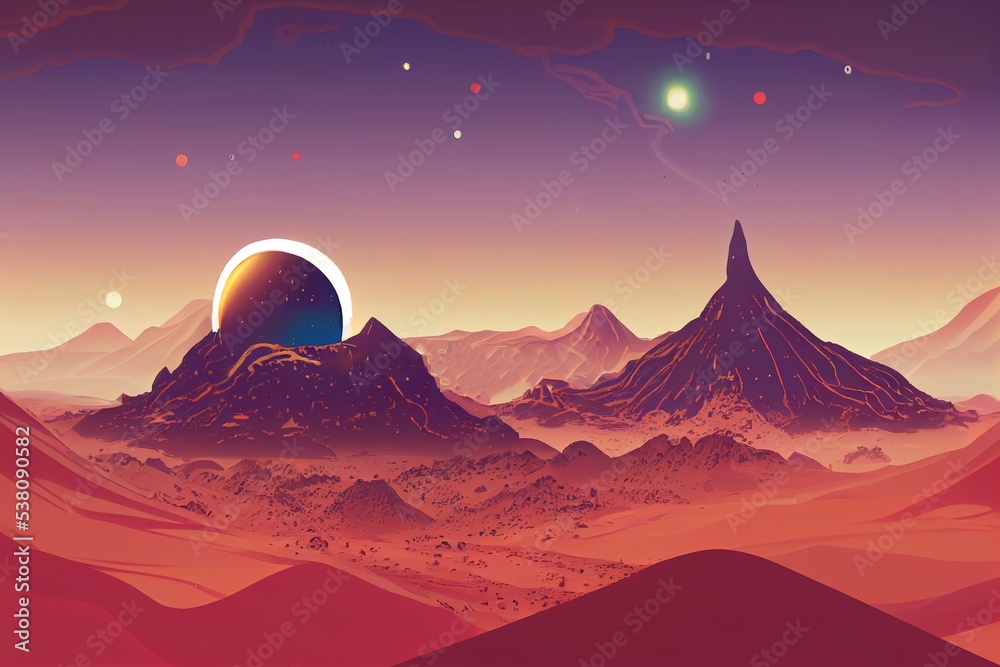 Alien planet landscape with volcano, river, stars and moons in sky ...