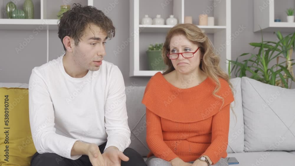 Mother-son conversation, they get along, they are troubled. At home, on ...