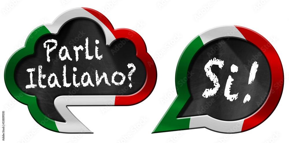 3D illustration of two speech bubbles with Italian flag and question ...