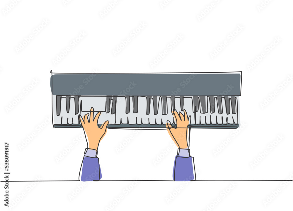 Single continuous line drawing of young happy pianist playing keyboard ...