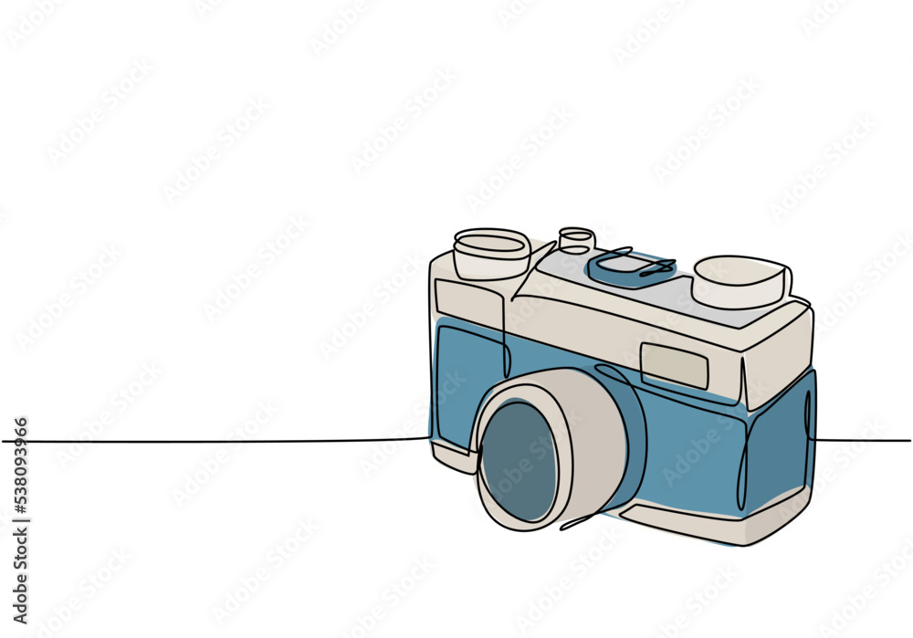 One continuous line drawing of old vintage analog pocket camera, side ...