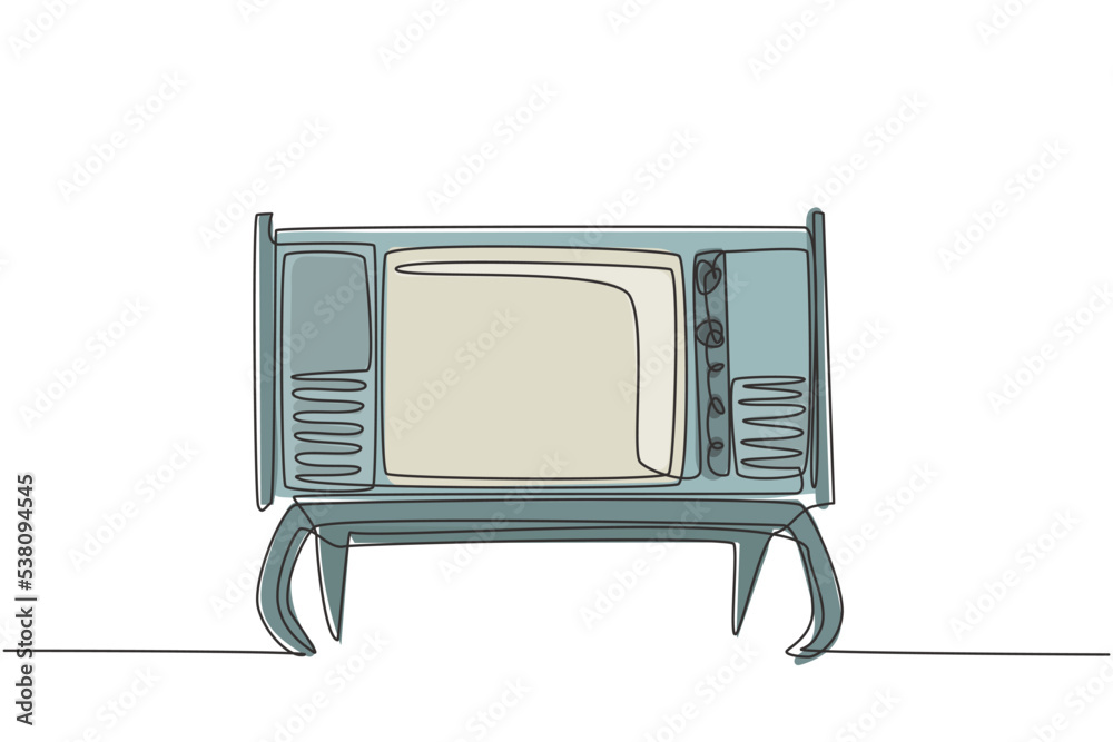 One single line drawing of retro old fashioned tv with wooden table and ...