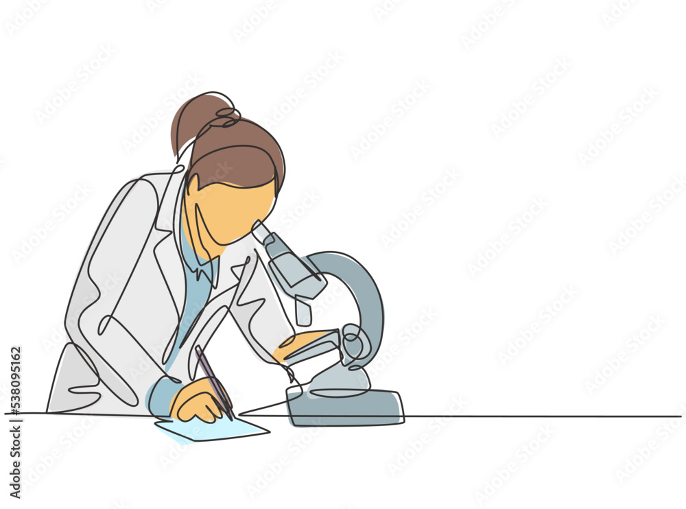 One continuous line drawing of female scientist researching antibiotic ...
