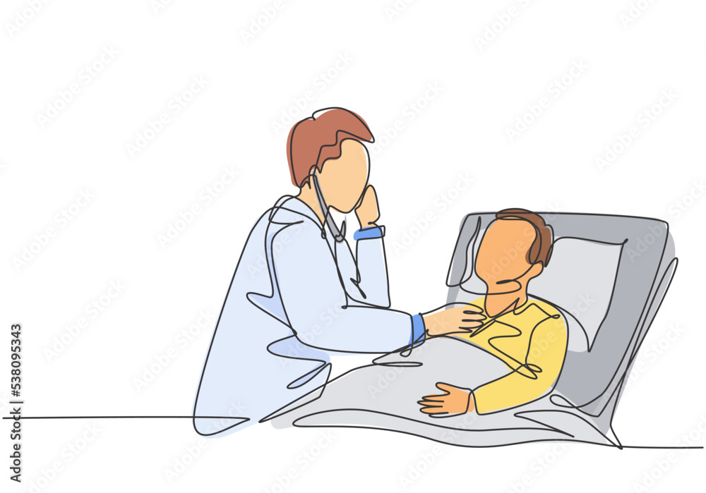 One single line drawing of young male doctor examining patient health ...