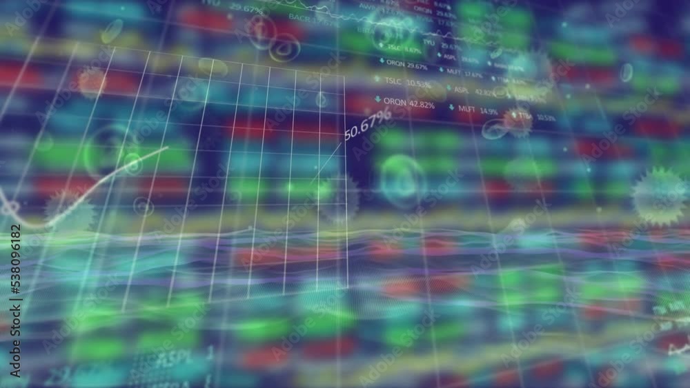 The animation shows a stock market display with numbers and graphs ...