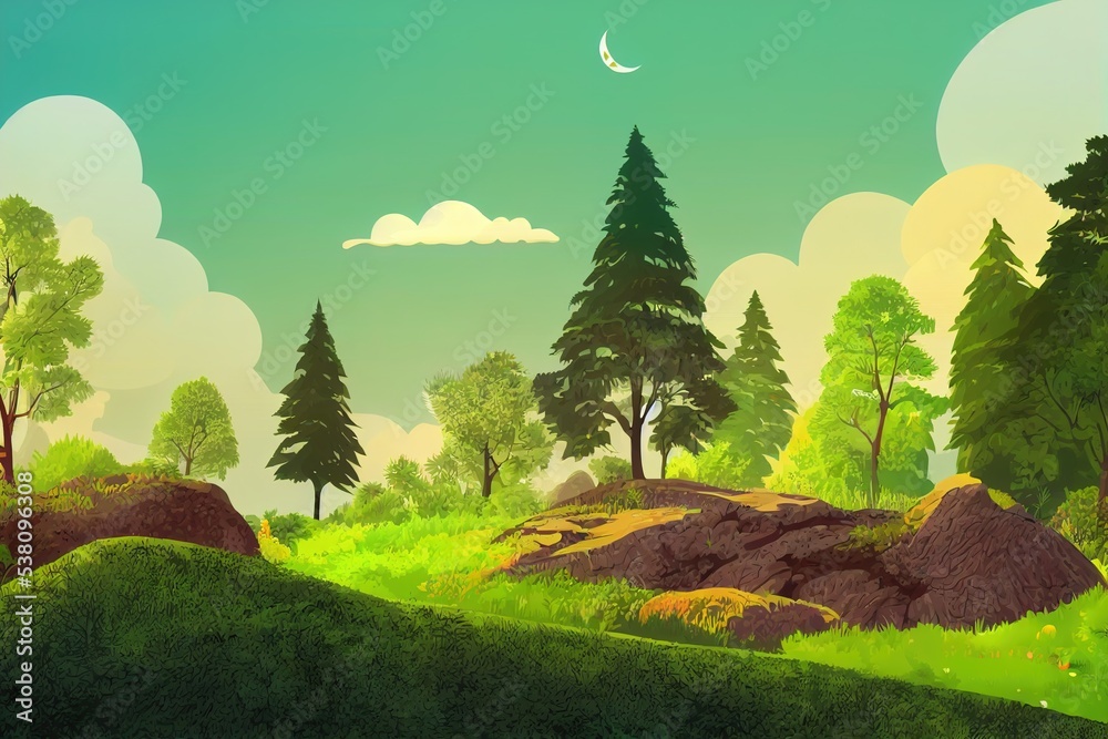 Cartoon forest background, nature landscape with deciduous trees, moss ...