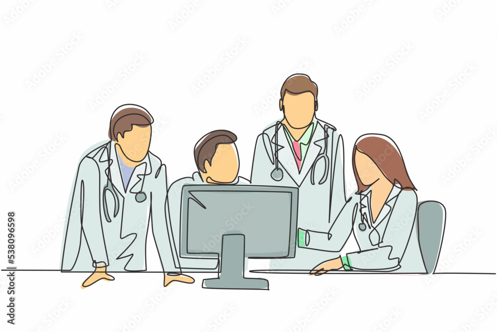 Vetor do Stock: One continuous line drawing group of young doctor ...