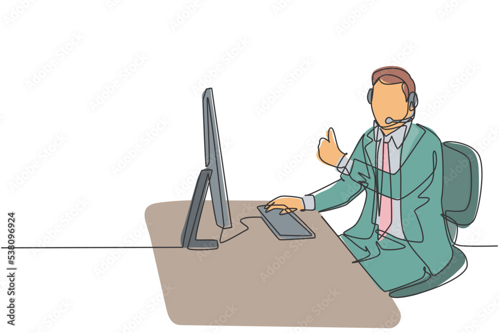One continuous line drawing of young happy male call center worker ...