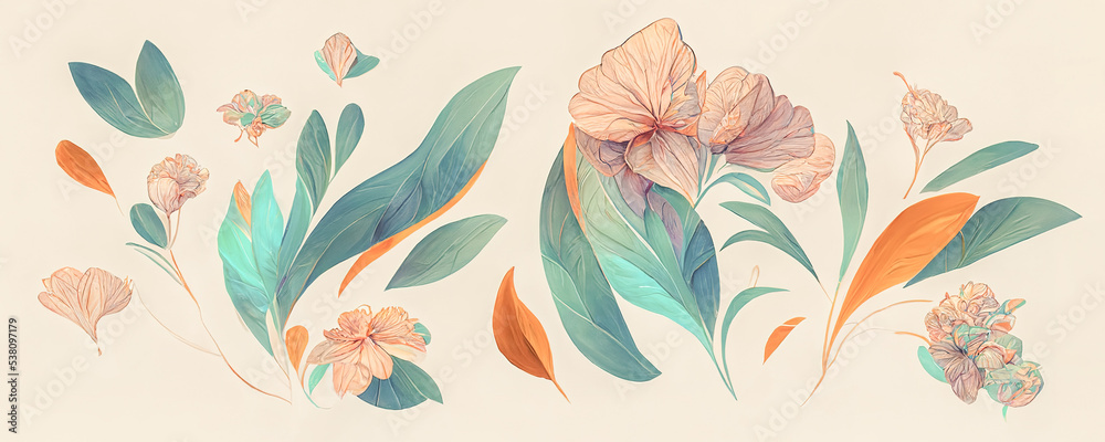 Spectacular pastel template of flower designs with leaves and petals ...