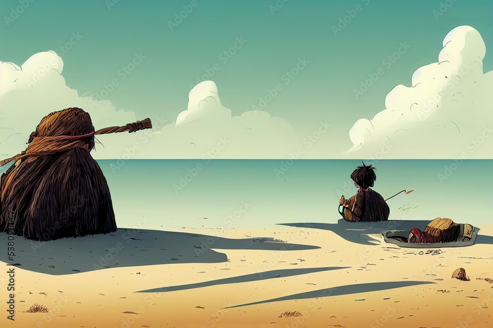 Castaway man on uninhabited island cartoon illustration Stock ...