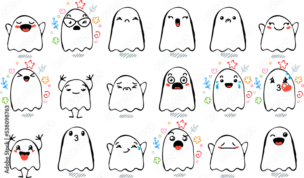 Set of Various Cartoon Ghosts with Emoticons. Doodle ghouls, eyes and ...