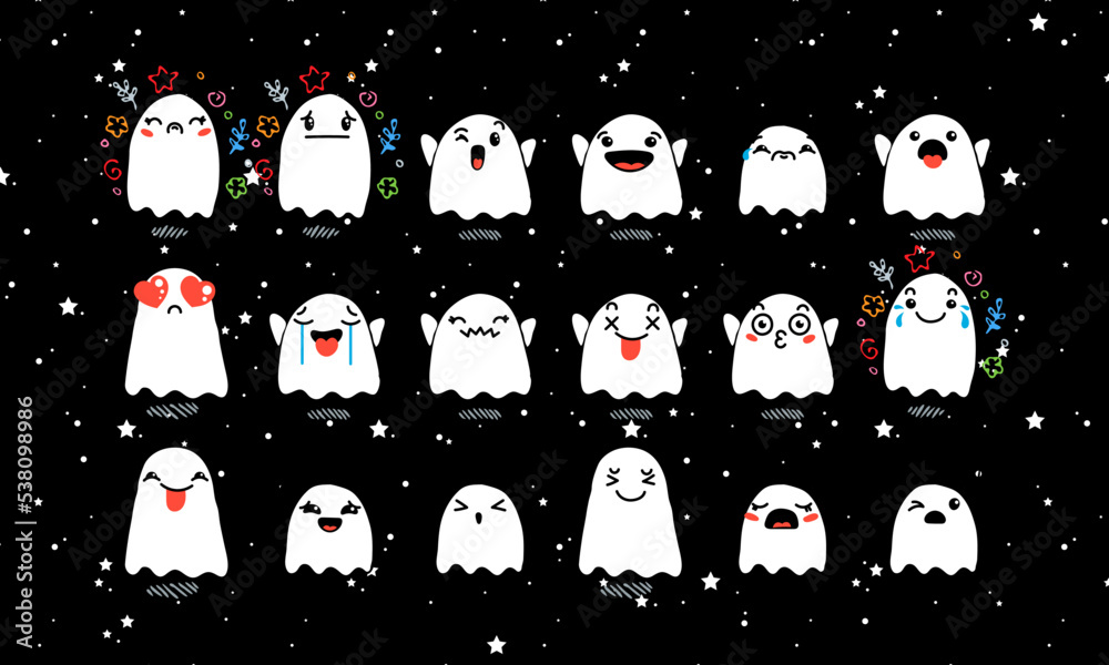Set of Various Cartoon Ghosts with Emoticons. Doodle ghouls, eyes and ...
