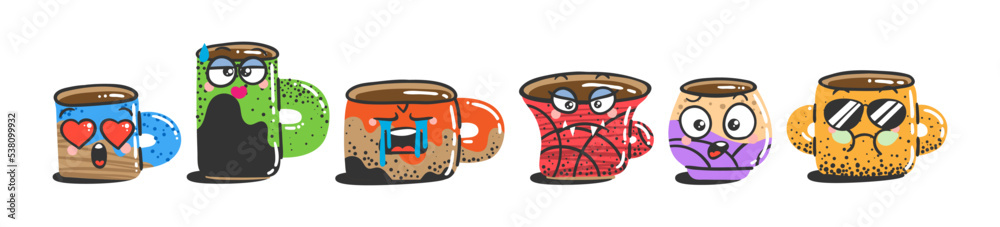 Various Cartoon Mugs with Emoticons. Doodle faces, eyes and mouth ...