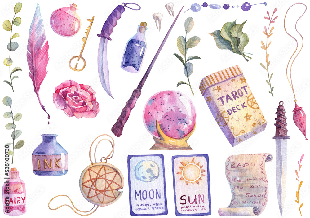 Witchcraft inventory and magical objects collection. Watercolor hand painted magic clipart on ...