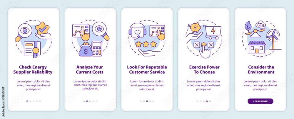 Choosing energy supplier factors onboarding mobile app screen ...
