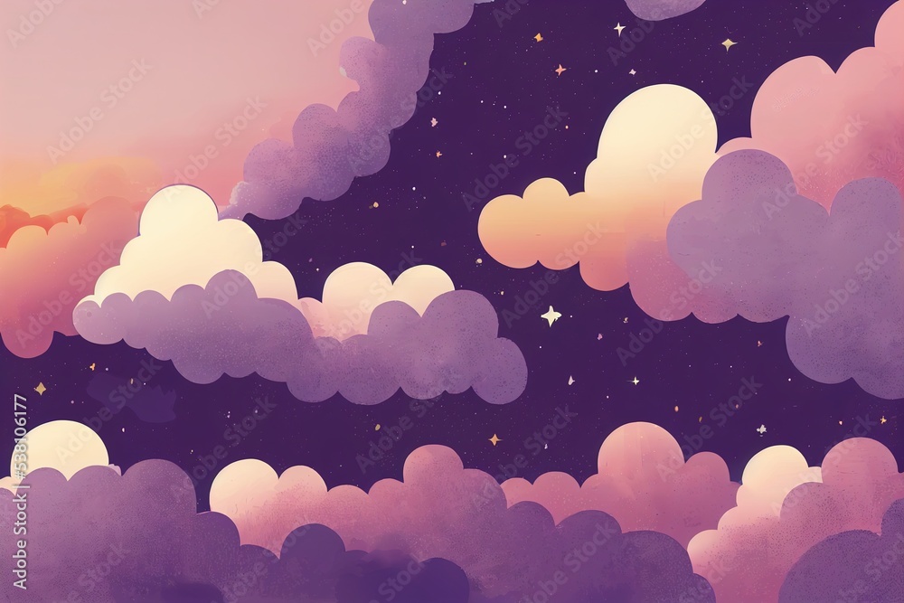 Evening cloudy sky purple background with group of cumulus and cirrus ...