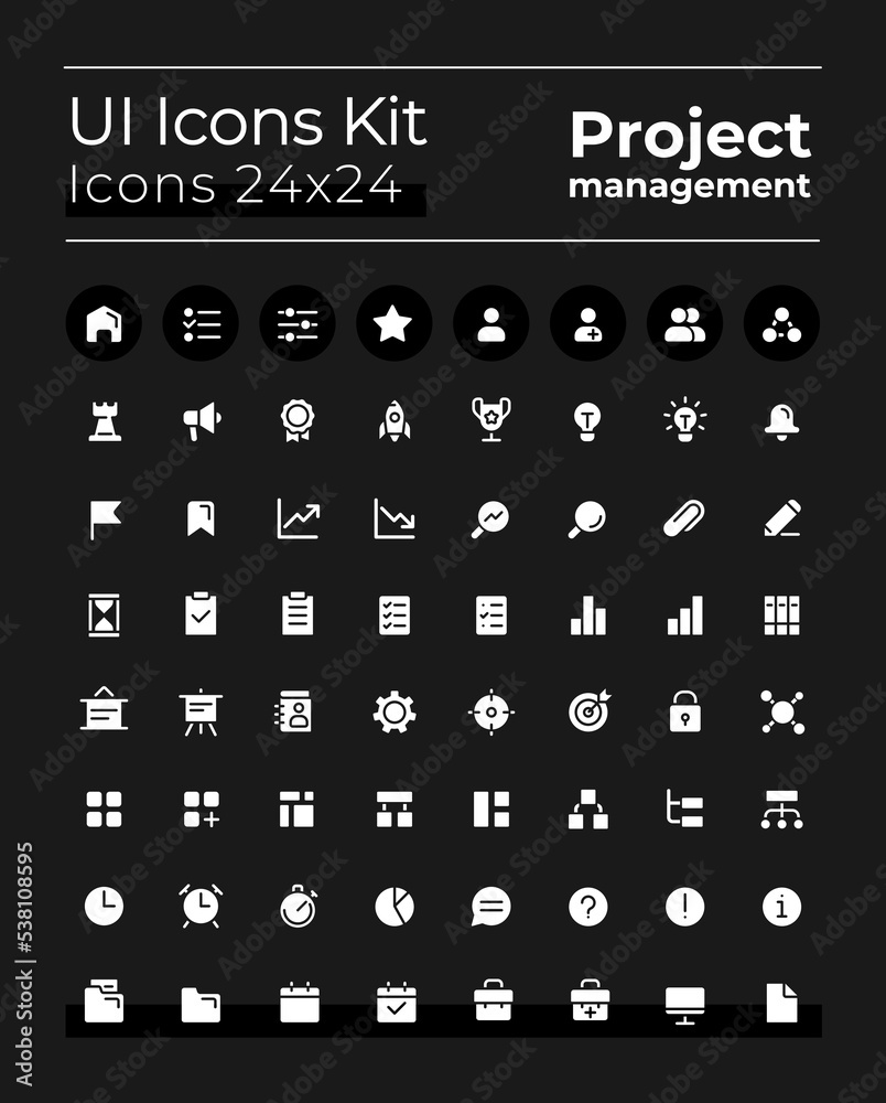 Project management white glyph ui icons kit for dark mode. Silhouette symbols on black ...