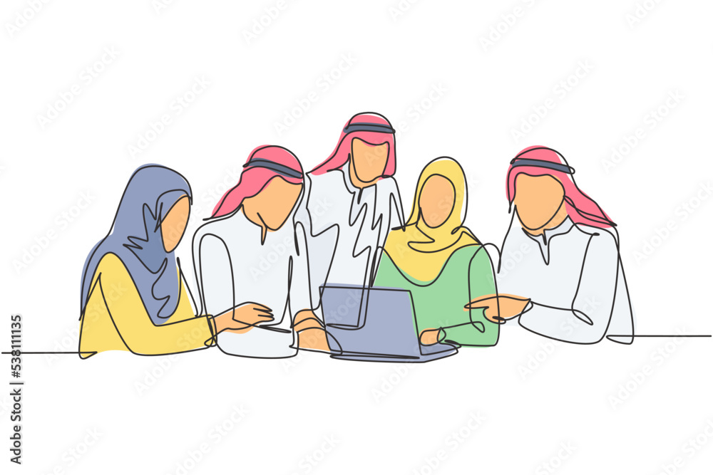 Vetor de One continuous line drawing group of young muslim marketing ...