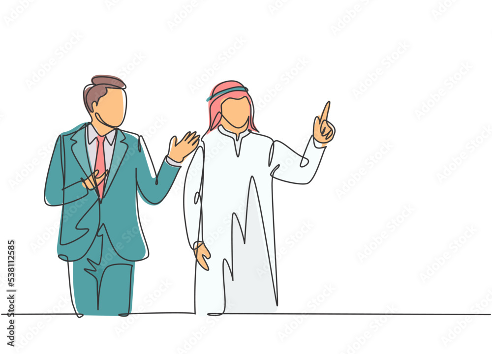 One continuous line drawing of young male muslim businessman meeting ...