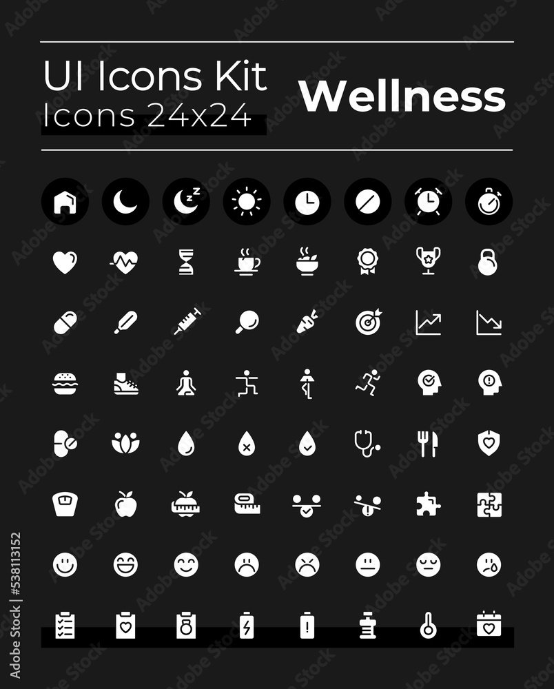 Health and wellness white glyph ui icons set for dark mode. Silhouette ...
