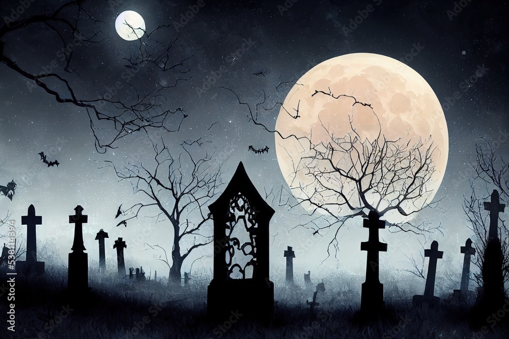 Halloween background with old cemetery gravestones spooky leafless ...