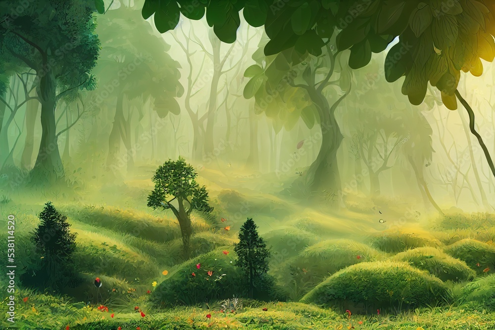 Cartoon illustration of background forest glade. bright wood with butterflies. for design game ...