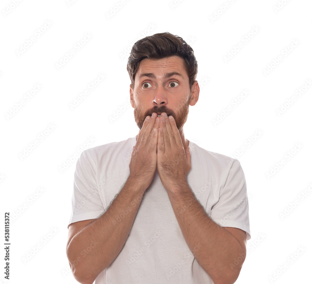 Embarrassed Man Covering Face With Hands On White Background Stock