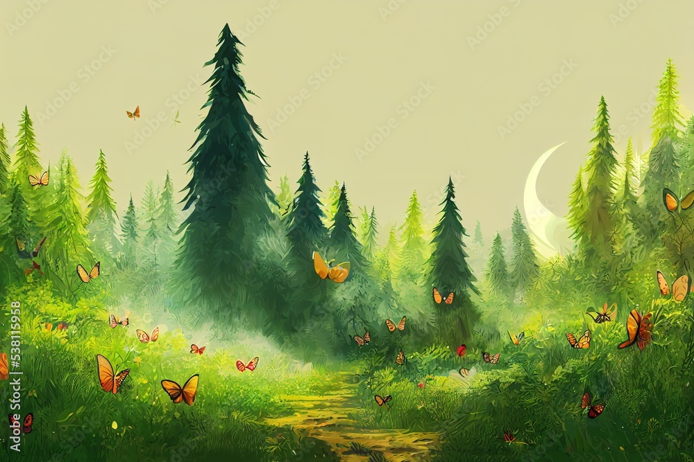 Cartoon illustration of background forest glade. bright wood with butterflies. for design game ...