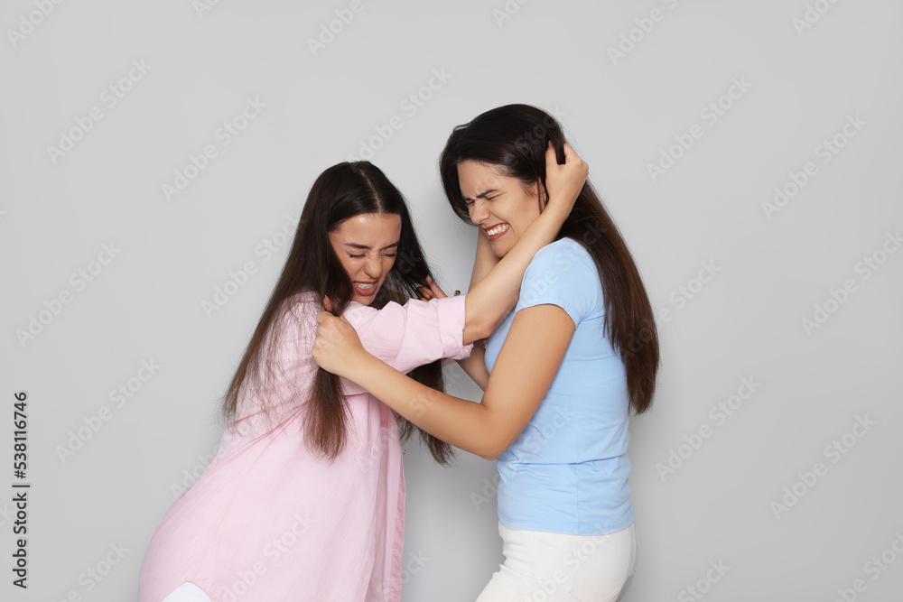 Aggressive young women fighting on light grey background Stock Photo ...