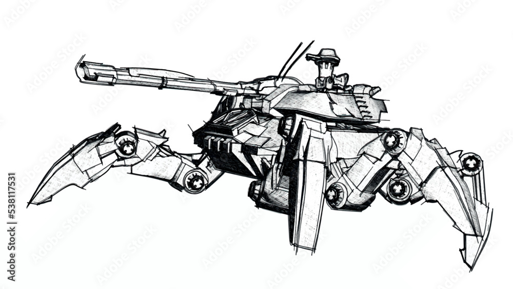 Heavy armored spider tank. Futuristic cyborg hand drawn style ...