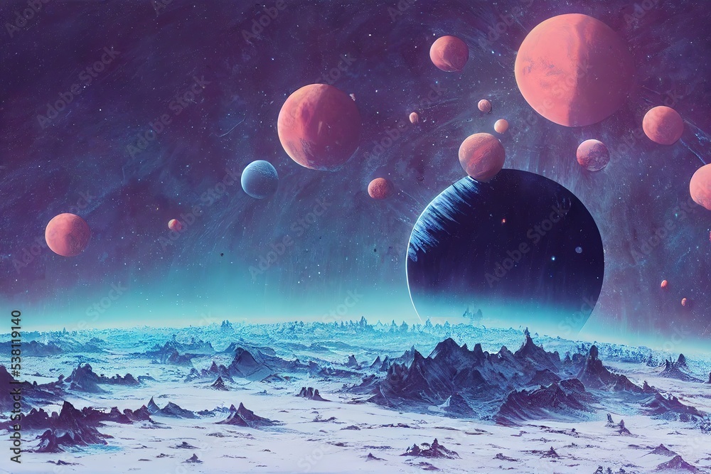 Alien planet landscape with exploding satellite Stock Illustration ...