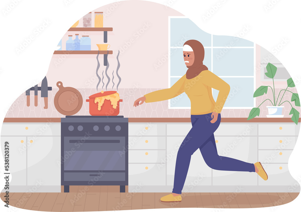 Disaster in kitchen 2D raster isolated illustration. Worried woman ...