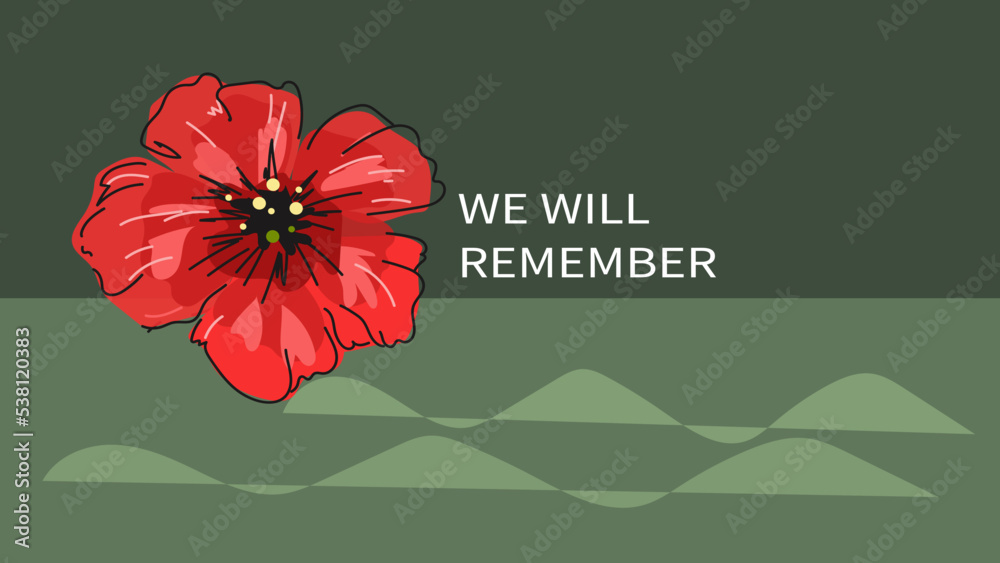 Red bright poppy flower, Vector doodle banner, poster for Remembrance ...