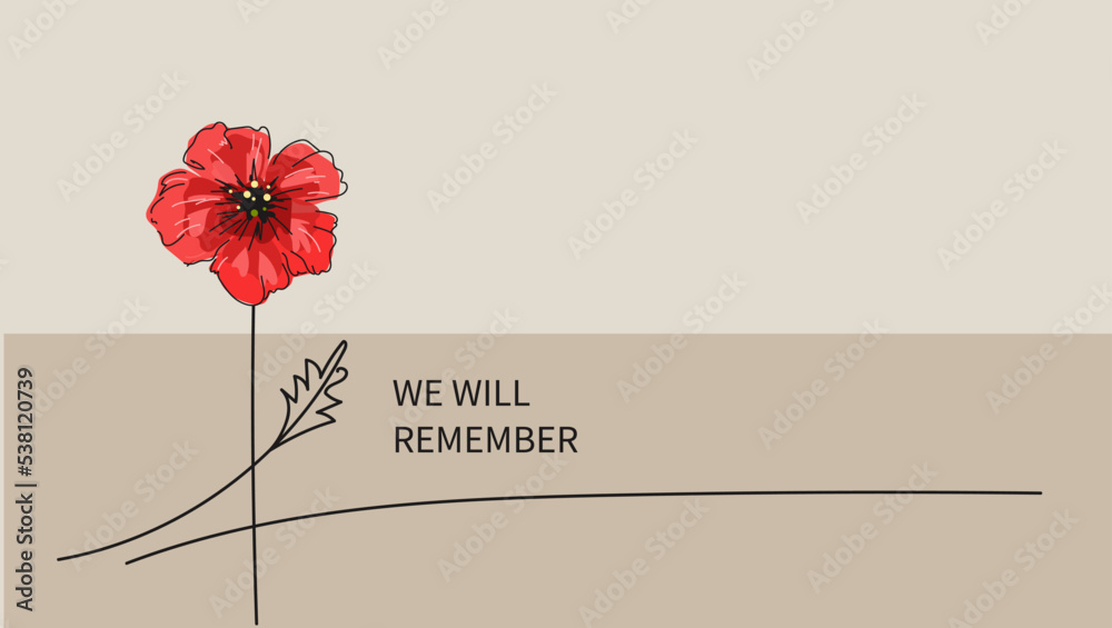 Red bright poppy flower, Vector doodle banner, poster for Remembrance ...
