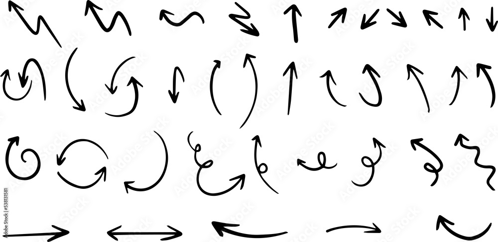 PNG set of arrows pointing in different directions. Hand drawn, doodle ...