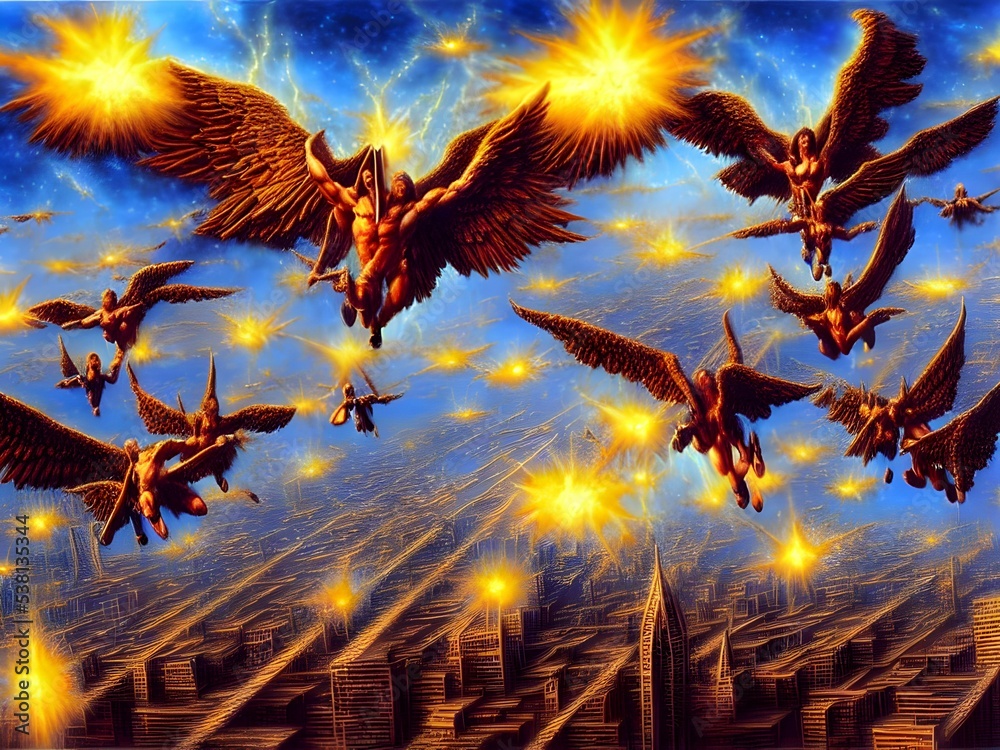 Epic, cinematic winged angels big fight while flying in the air Stock ...